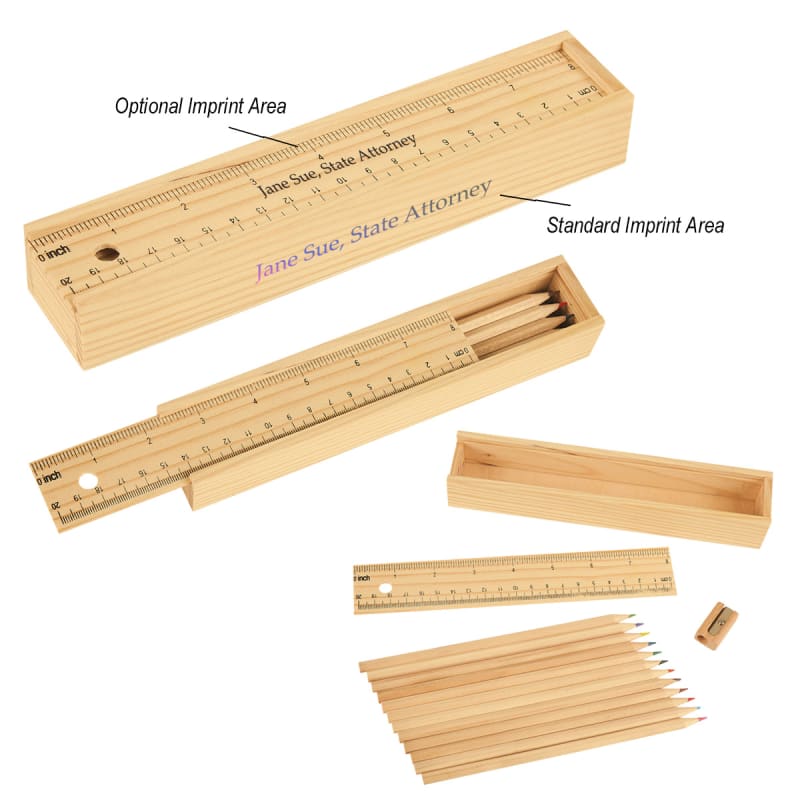12-Piece Colored Pencil Set In Wooden Ruler Box - 24HourWristbands.Com